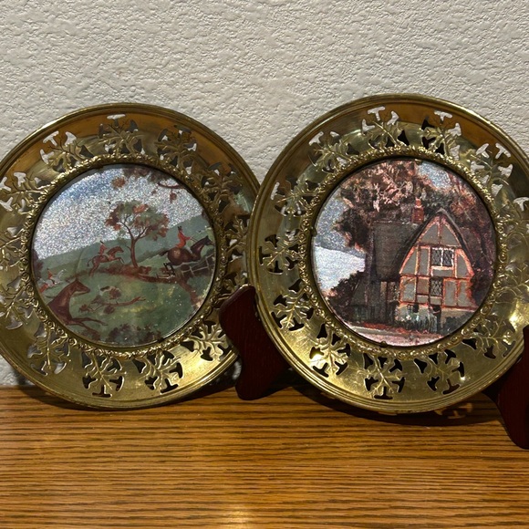 Art | Decorative Brass Plates With Cottage Scene And Fox Hunt Scene ...